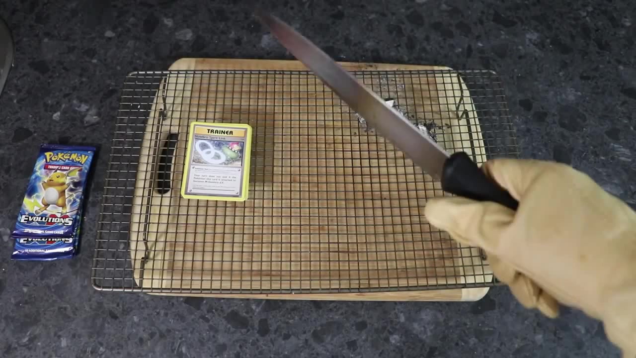 EXPERIMENT Glowing 1000 degree KNIFE VS Pokemon Booster Packs - Coub