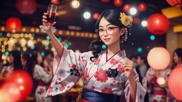 Japanese kimono clad women dancing with glasses - Coub